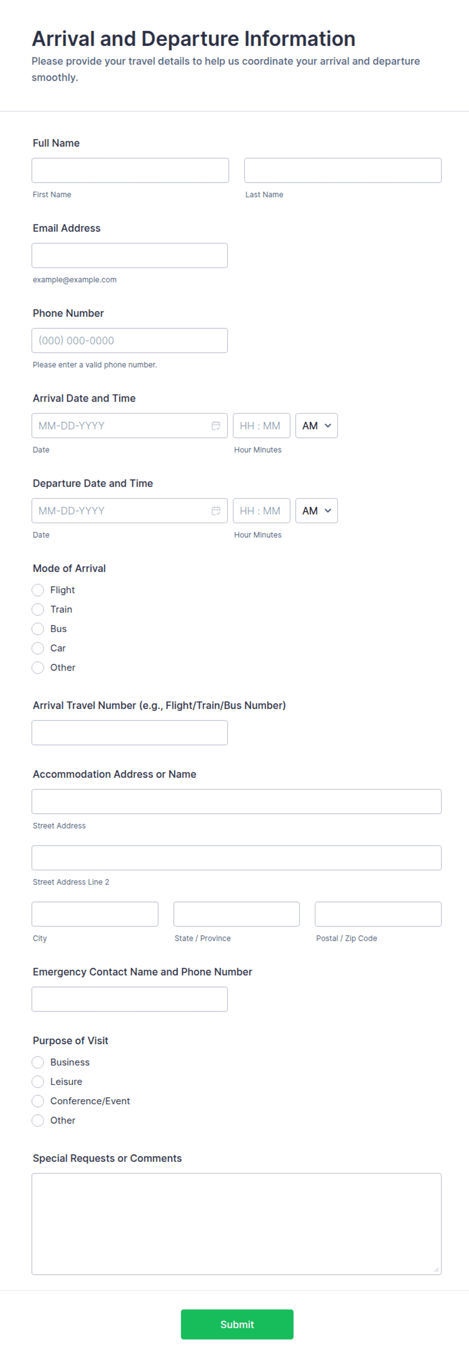 Arrival and Departure Information Form Template | Jotform