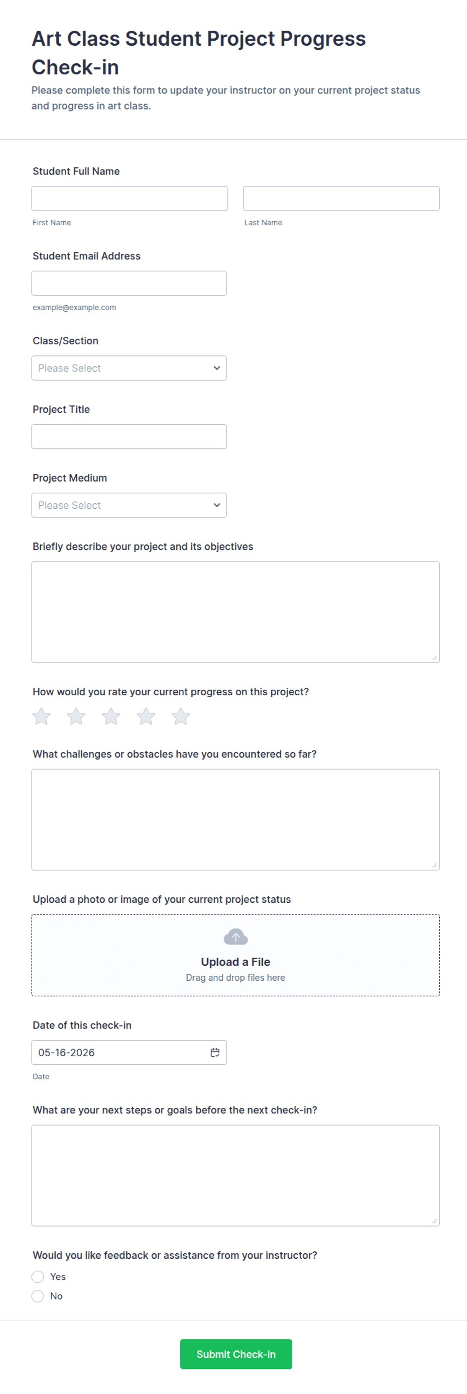 Art Class Student Project Progress Check-in Form Template | Jotform