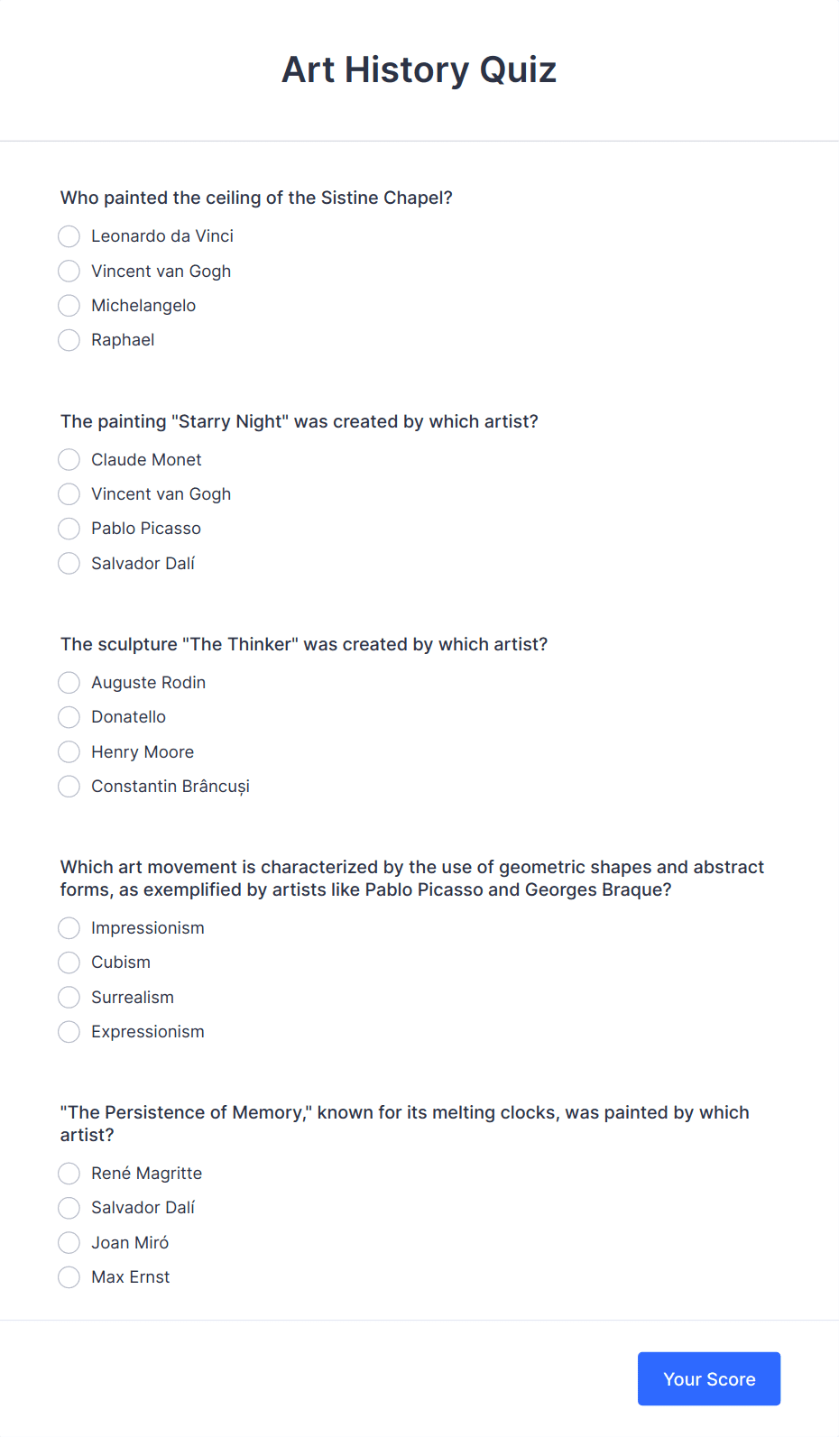 Art History Quiz Form Template | Jotform