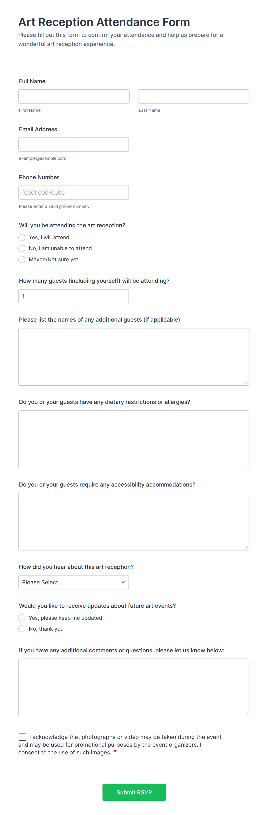 Art Reception Attendance Form Form Template | Jotform