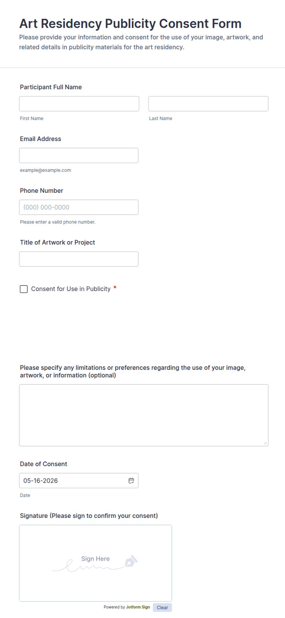 Art Residency Publicity Consent Form Template | Jotform