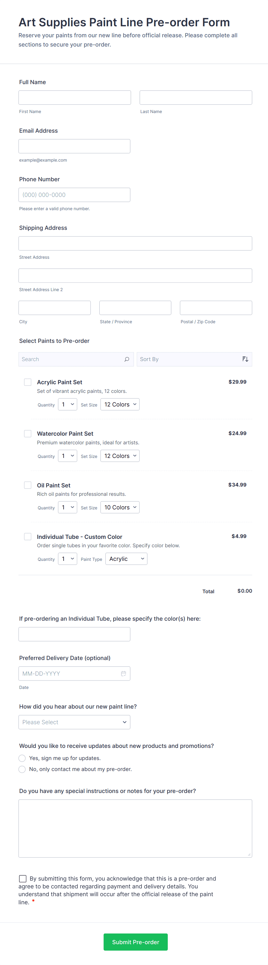 Art Supplies Paint Line Pre-order Form Template | Jotform