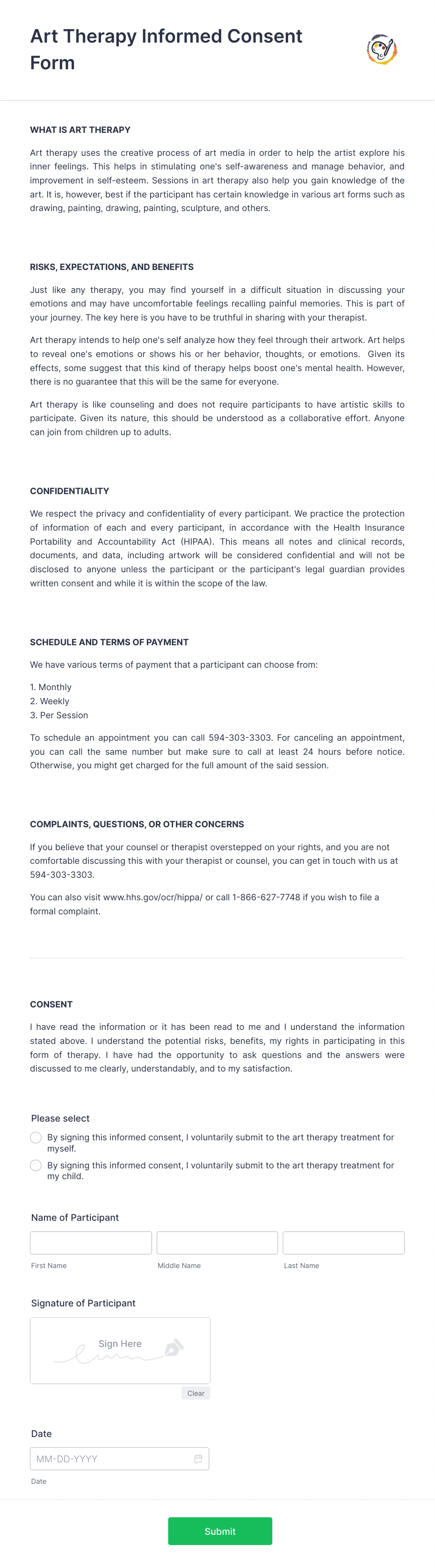 Art Therapy Informed Consent Form Template | Jotform