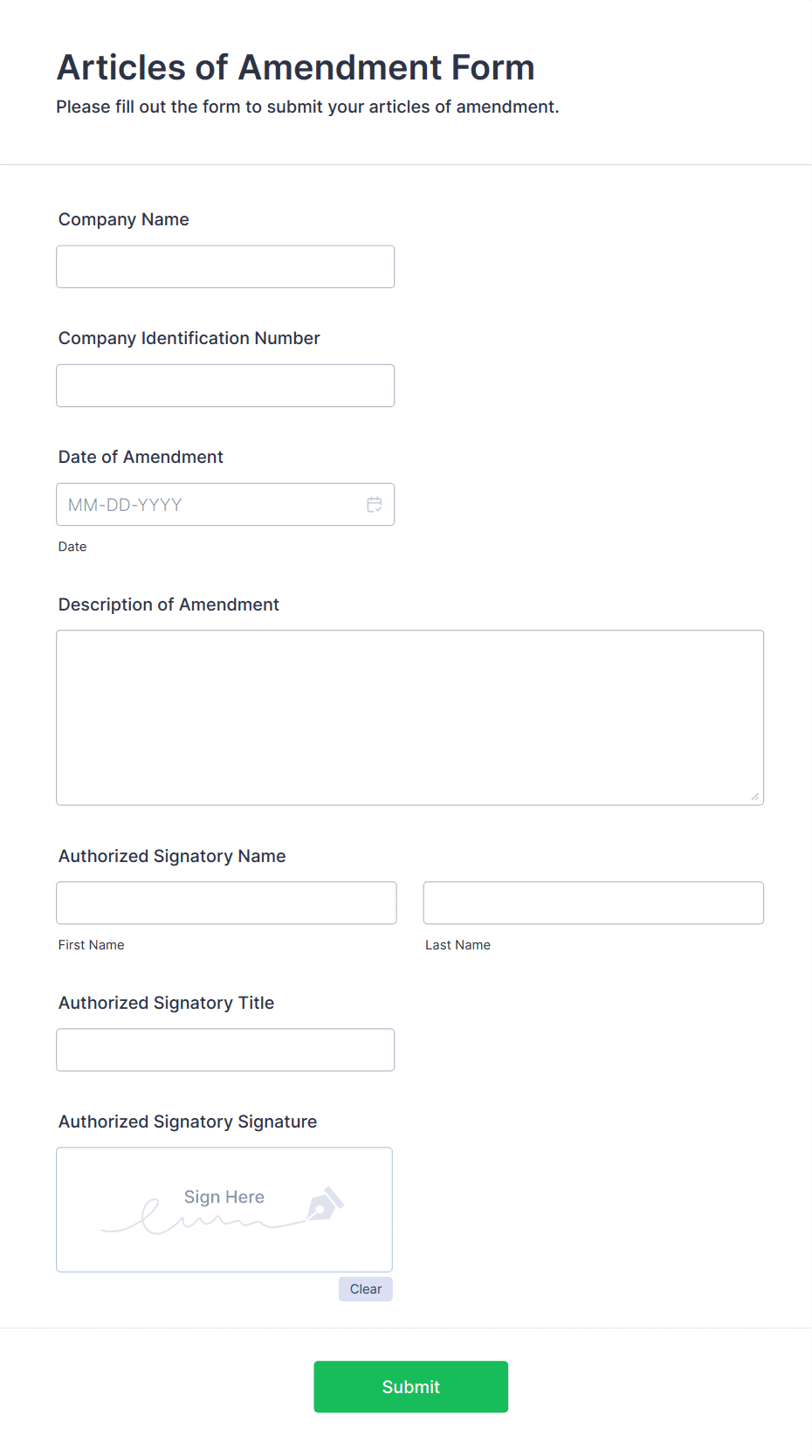 Articles of Amendment Form Template | Jotform