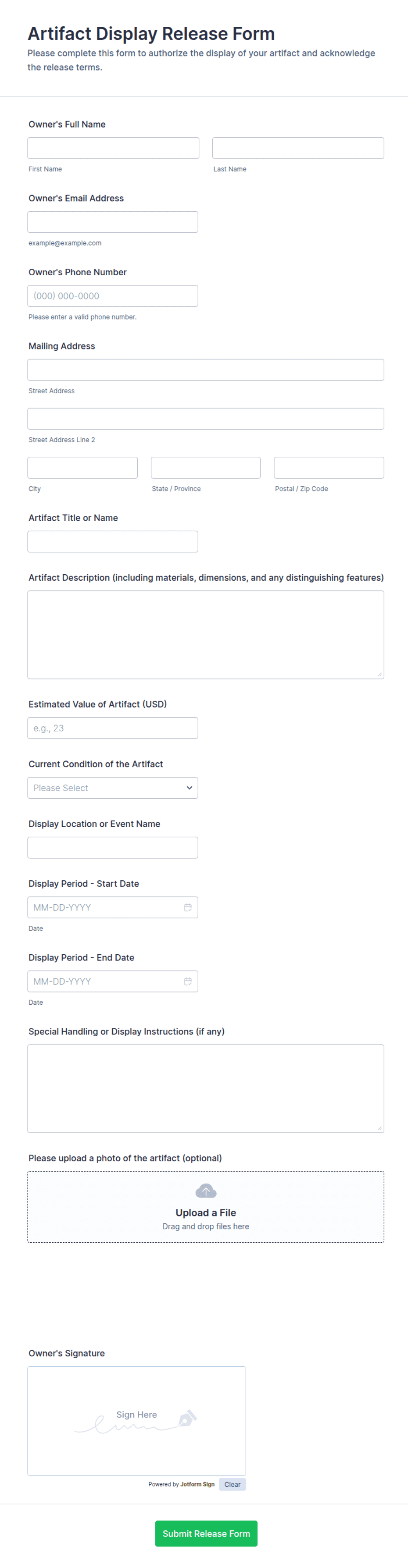 Artifact Display Release Form Template | Jotform