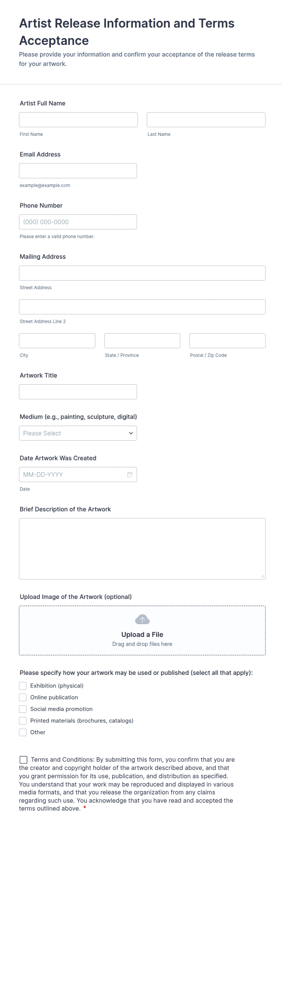 Artist Release Information and Terms Acceptance Form Template | Jotform