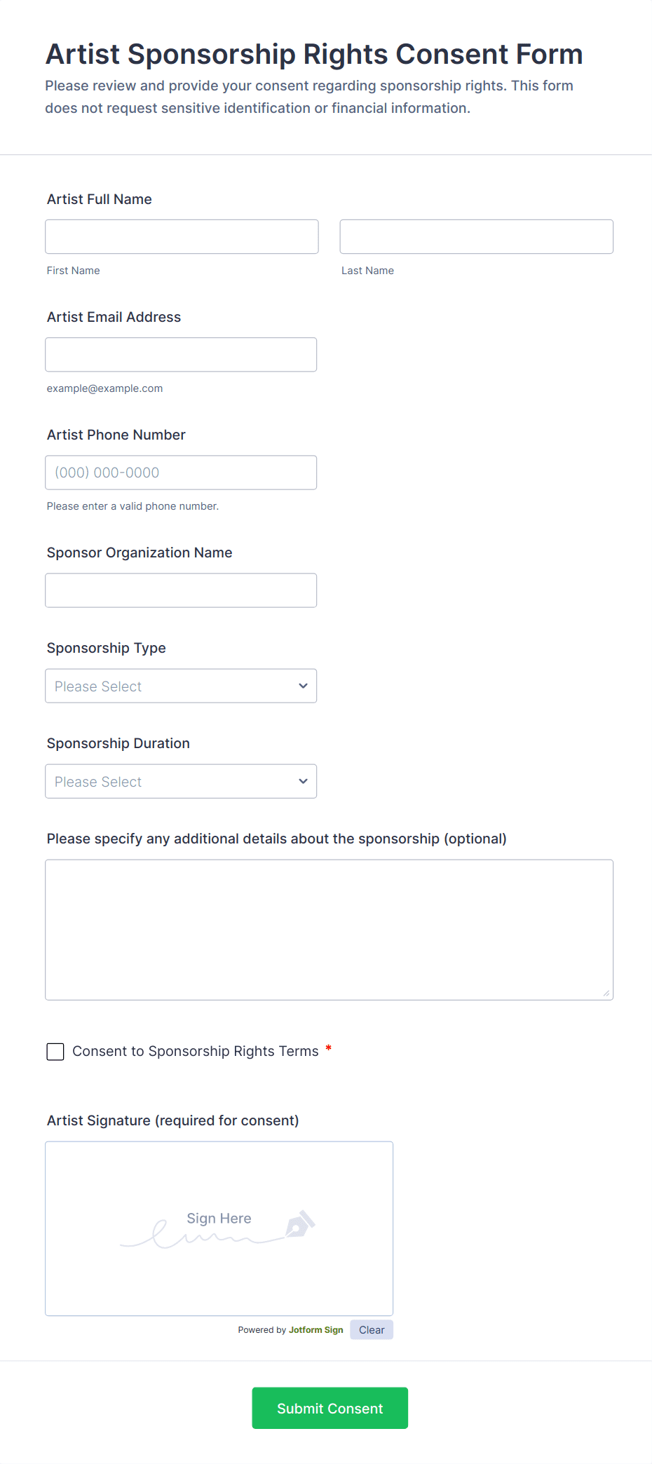 Artist Sponsorship Rights Consent Form Template | Jotform