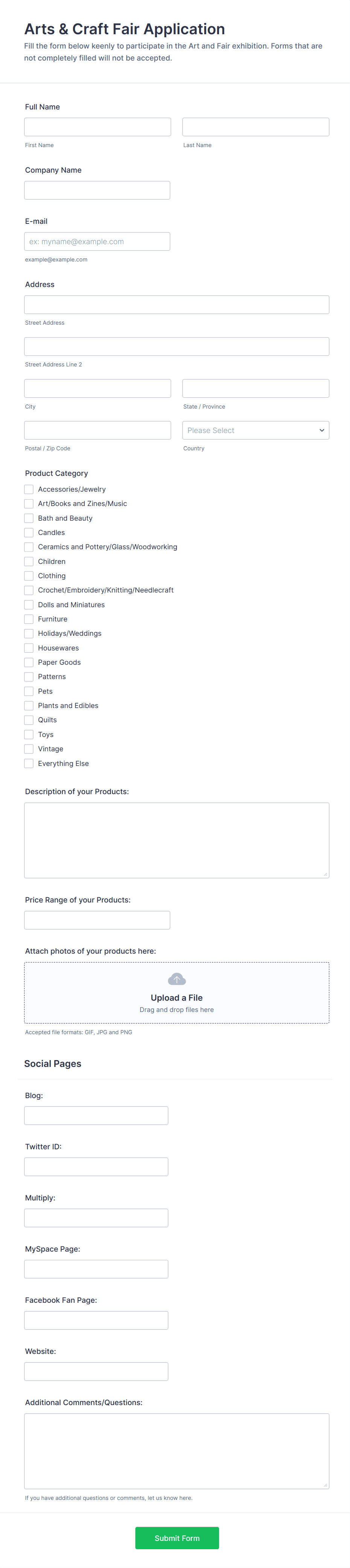Arts and Craft Fair Application Form Template | Jotform