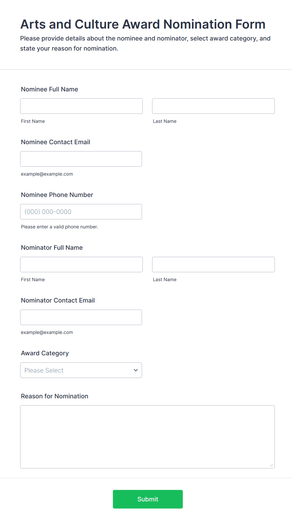 Arts and Culture Award Nomination Form Template | Jotform