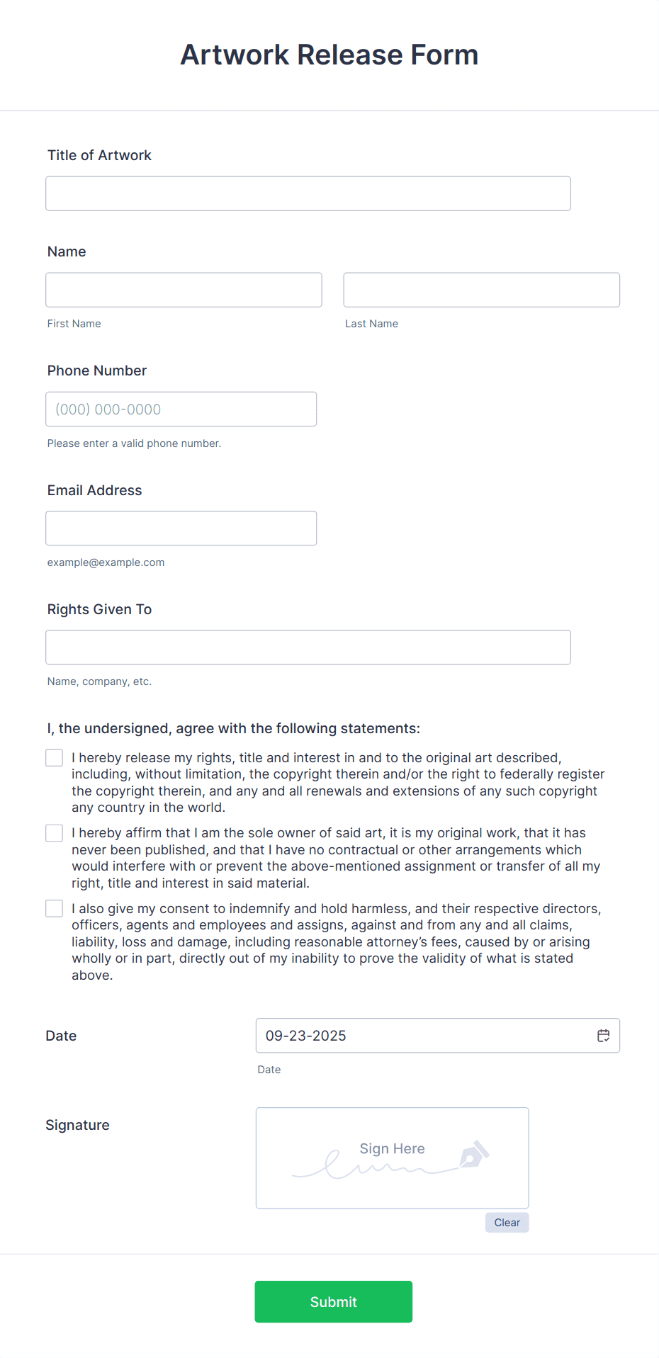 Artwork Release Form Template | Jotform