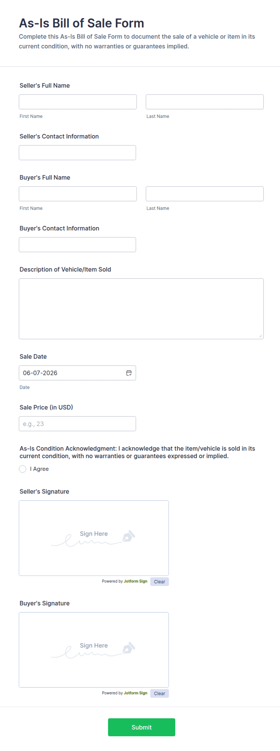 As-Is Bill of Sale Form Template | Jotform