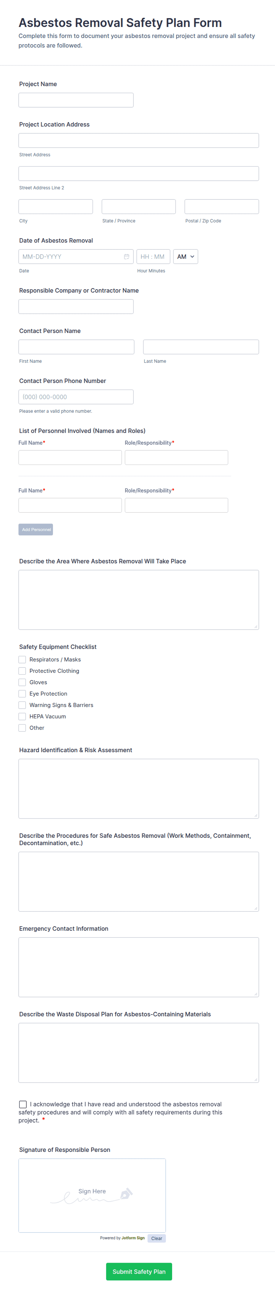 Asbestos Removal Safety Plan Form Template | Jotform