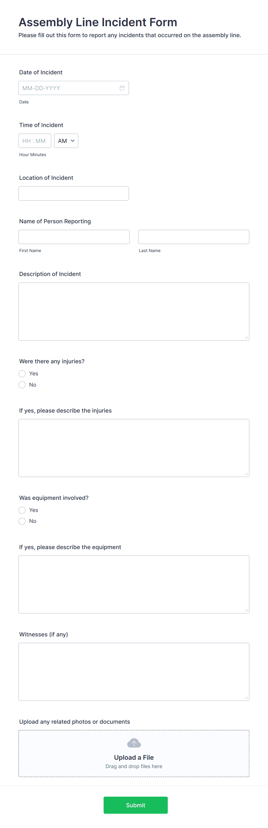 Assembly Line Incident Form Template | Jotform