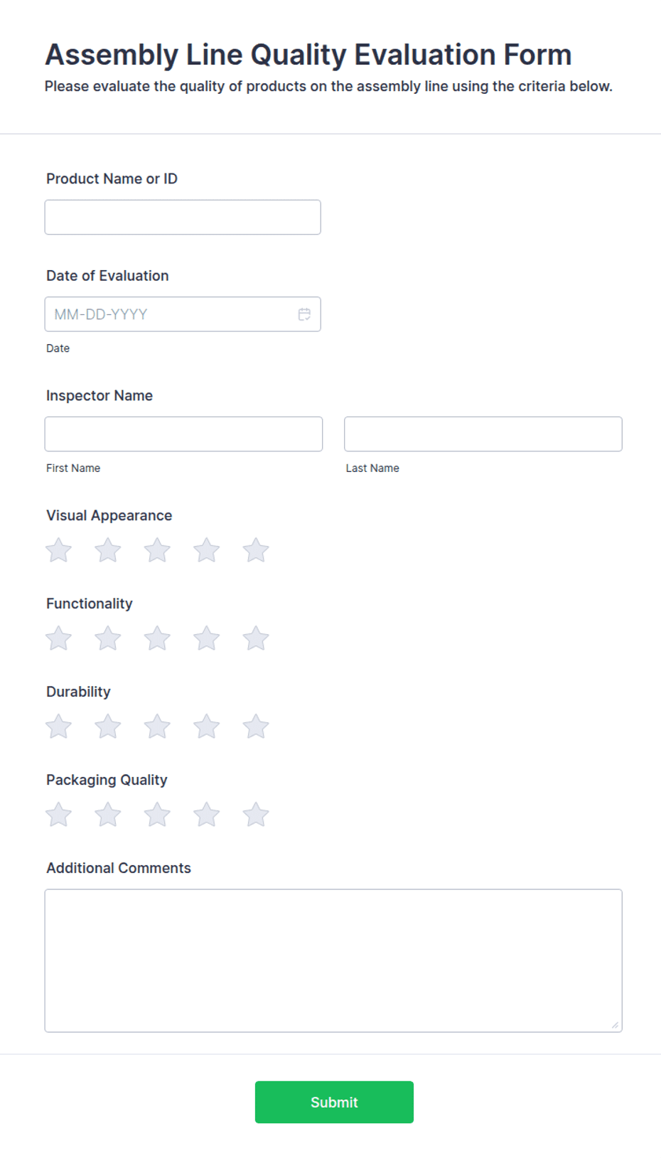 Assembly Line Quality Evaluation Form Template | Jotform