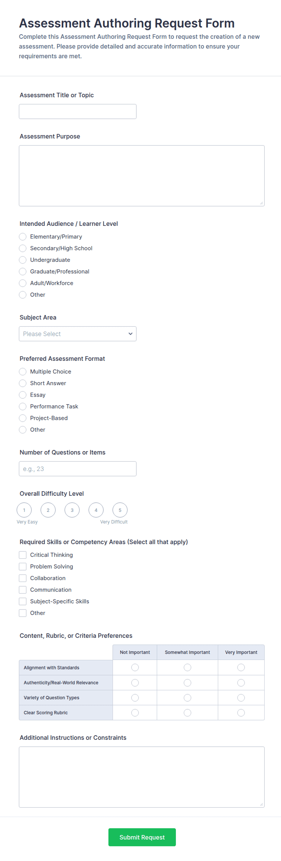 Assessment Authoring Request Form Template | Jotform