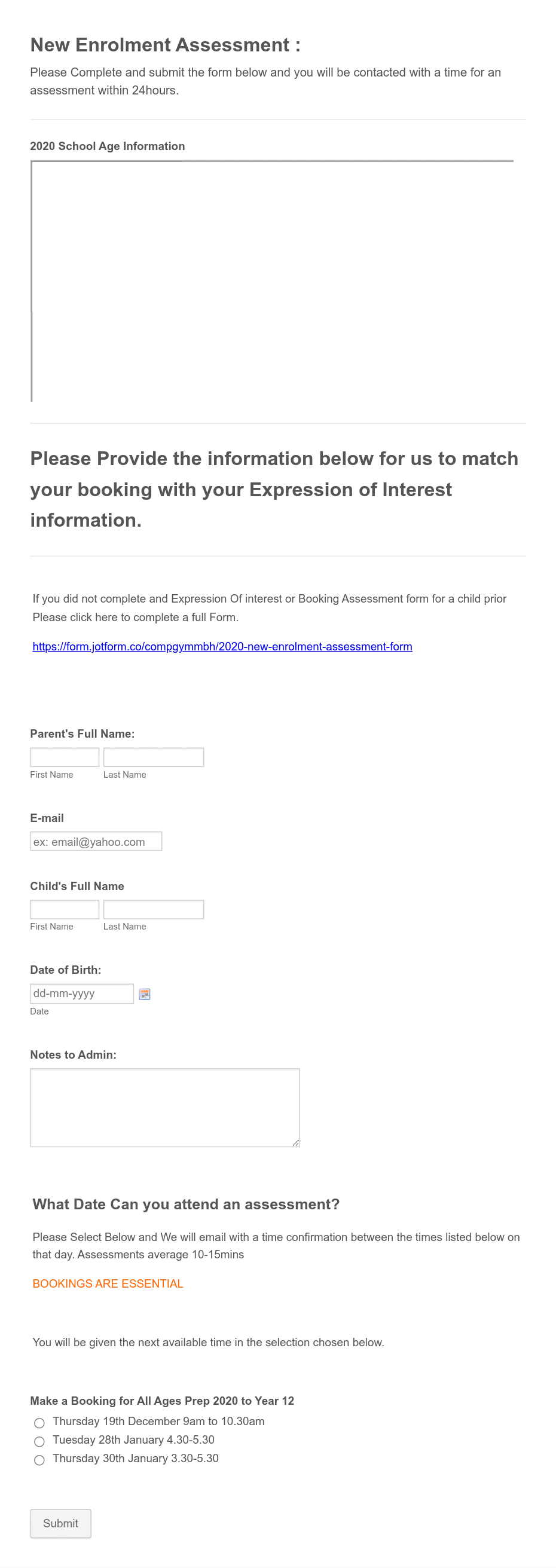 Assessment Booking Form Template | Jotform