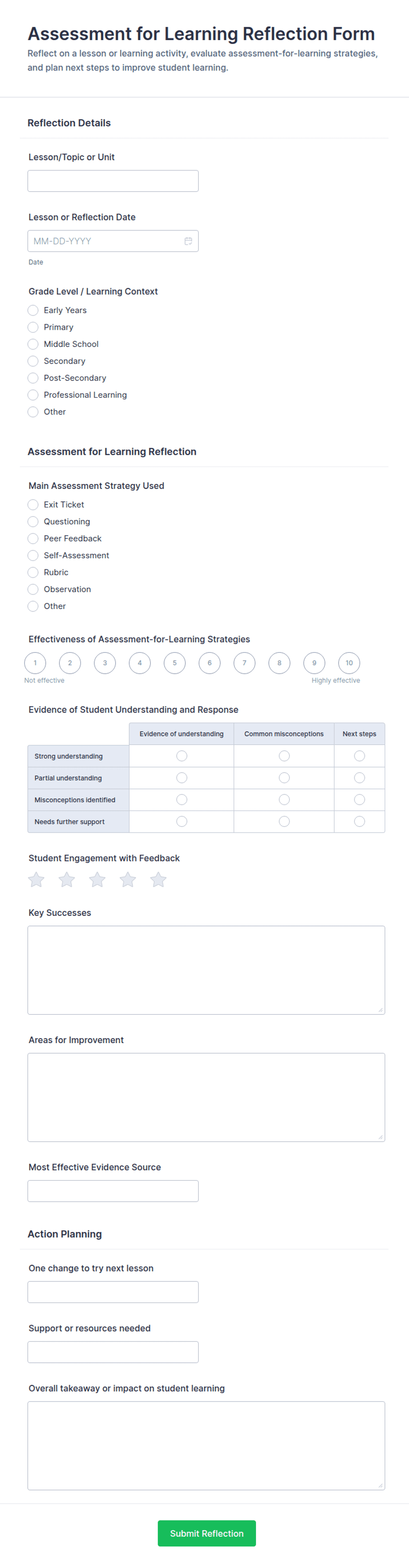 Assessment for Learning Reflection Form Template | Jotform