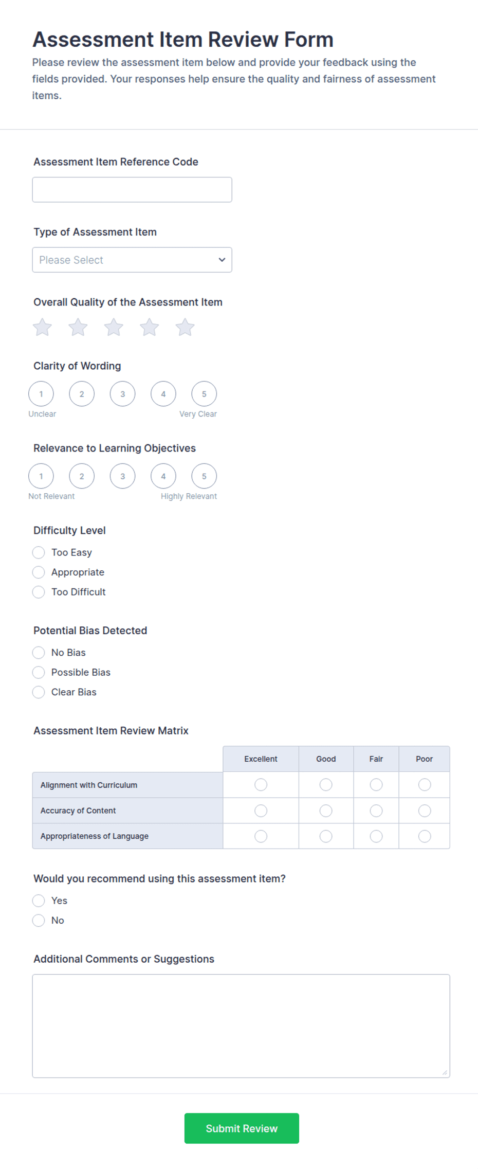 Assessment Item Review Form Template | Jotform