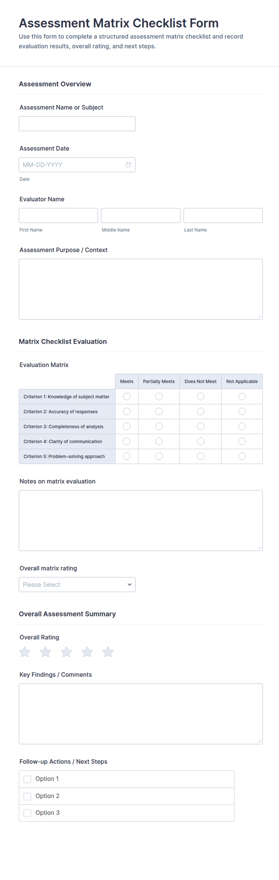 Assessment Matrix Checklist Form Template | Jotform