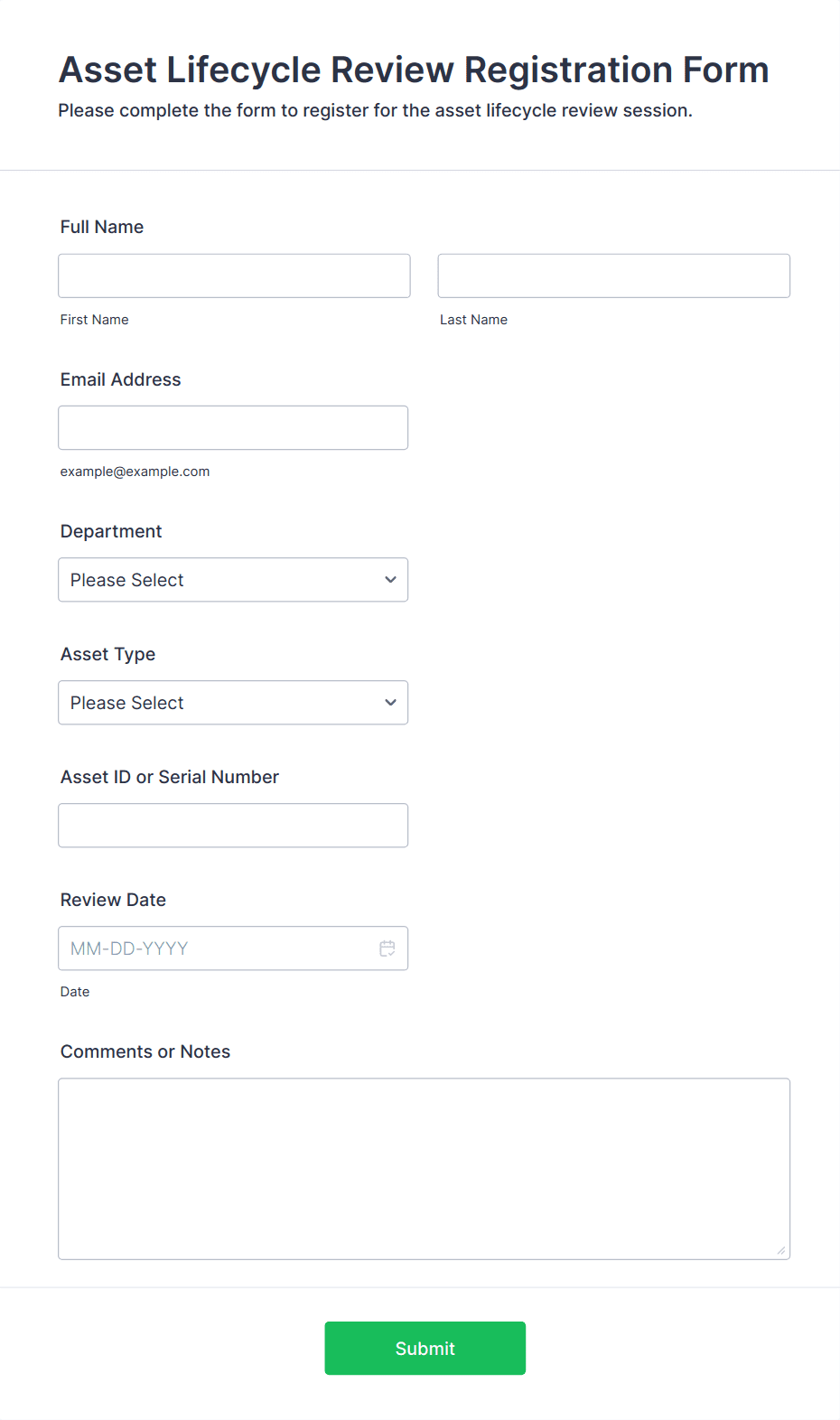 Asset Lifecycle Review Registration Form Template | Jotform