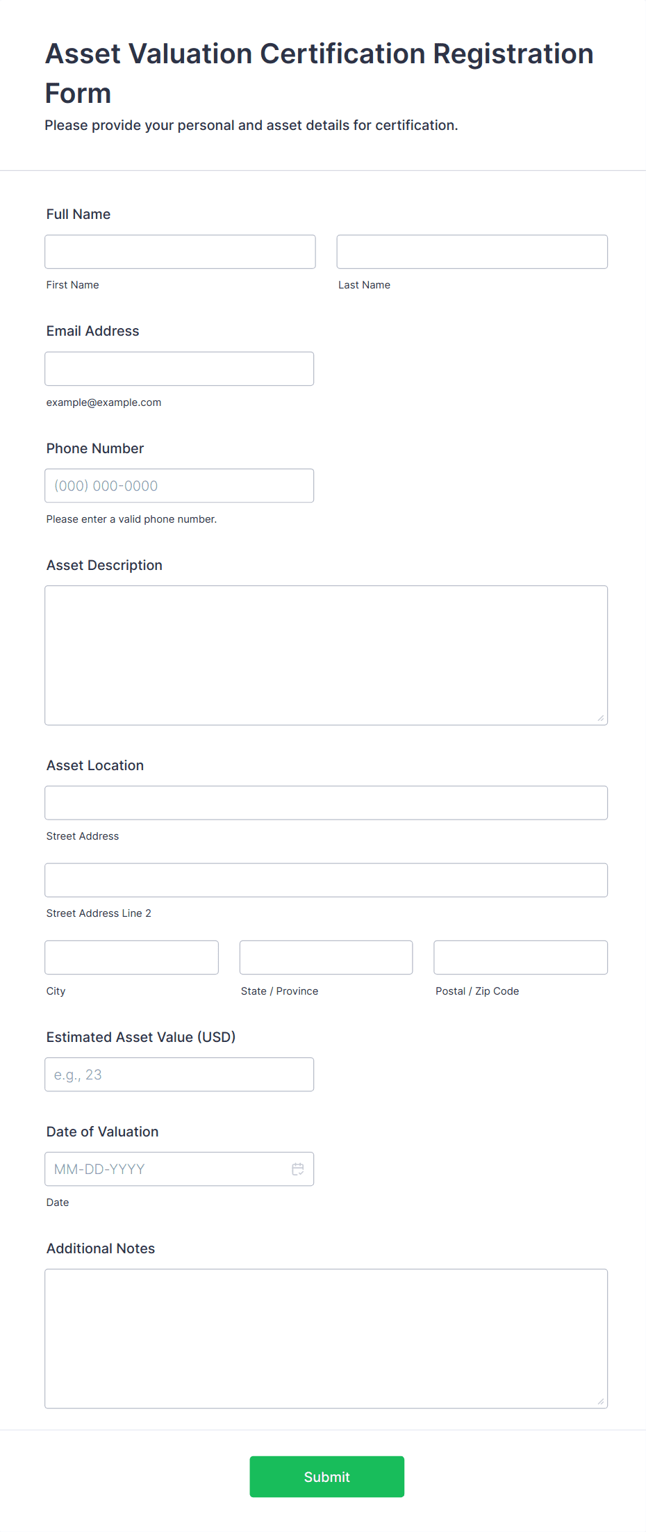 Asset Valuation Certification Registration Form Template | Jotform