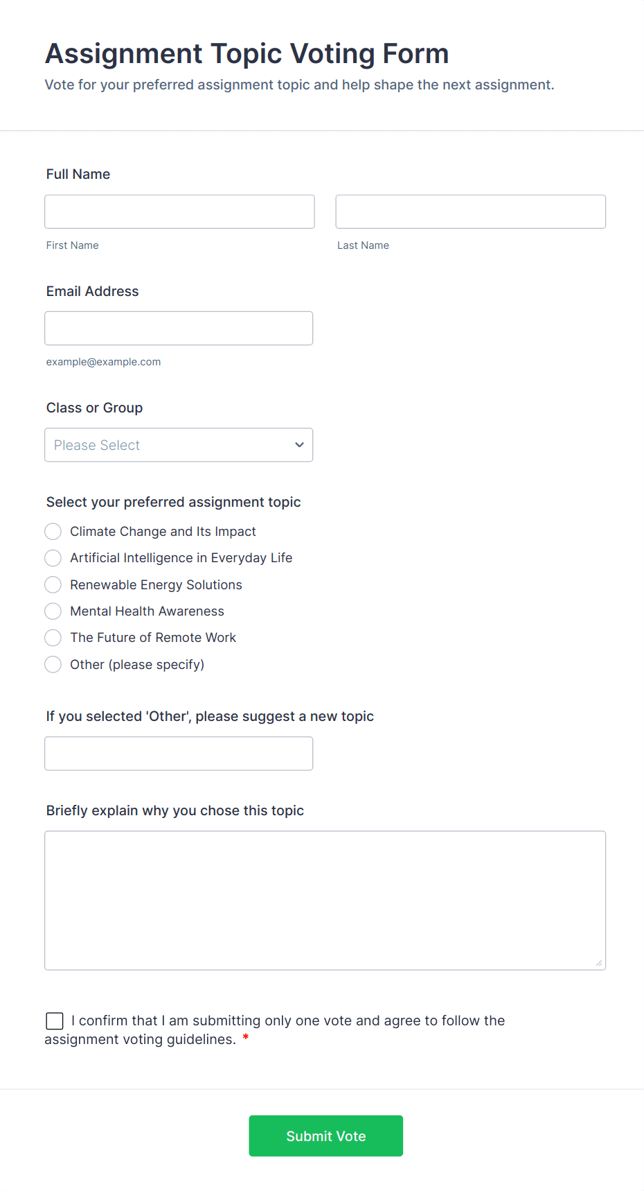 Assignment Topic Voting Form Template | Jotform