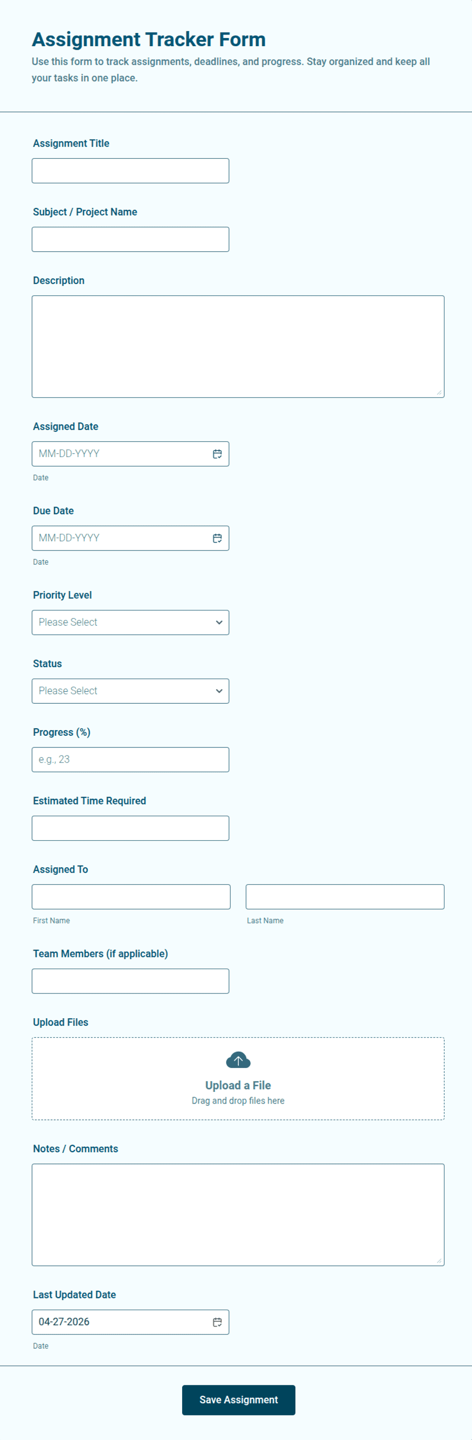 Assignment Tracker Form Template | Jotform