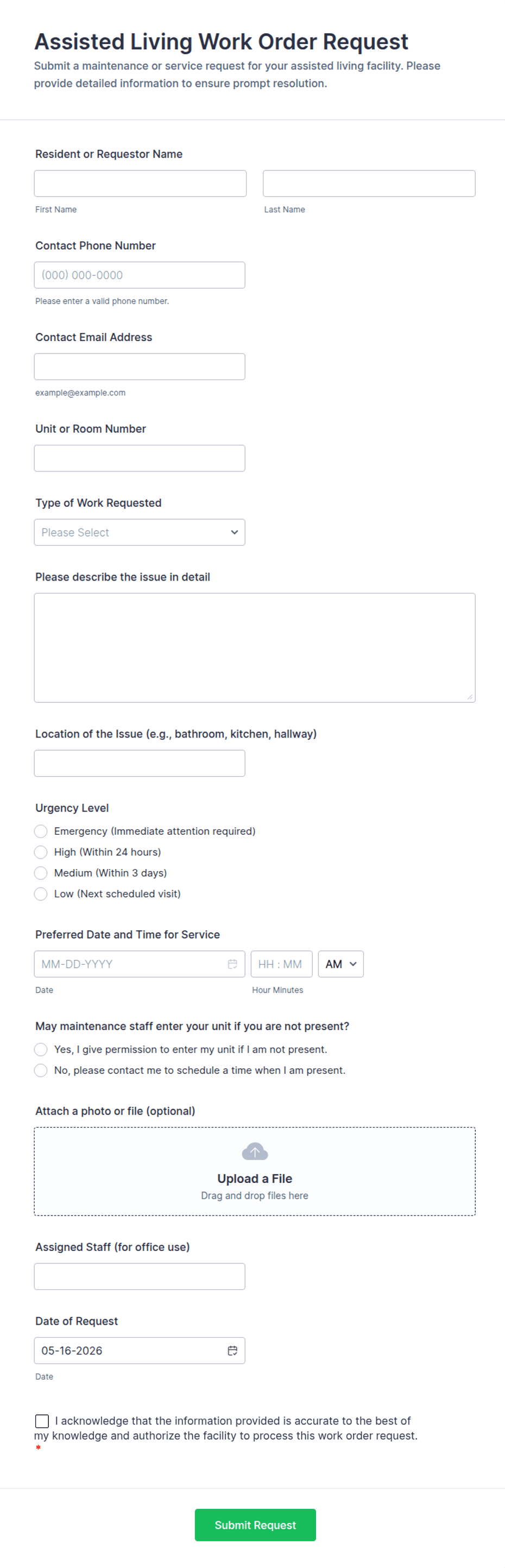 Assisted Living Work Order Request Form Template | Jotform