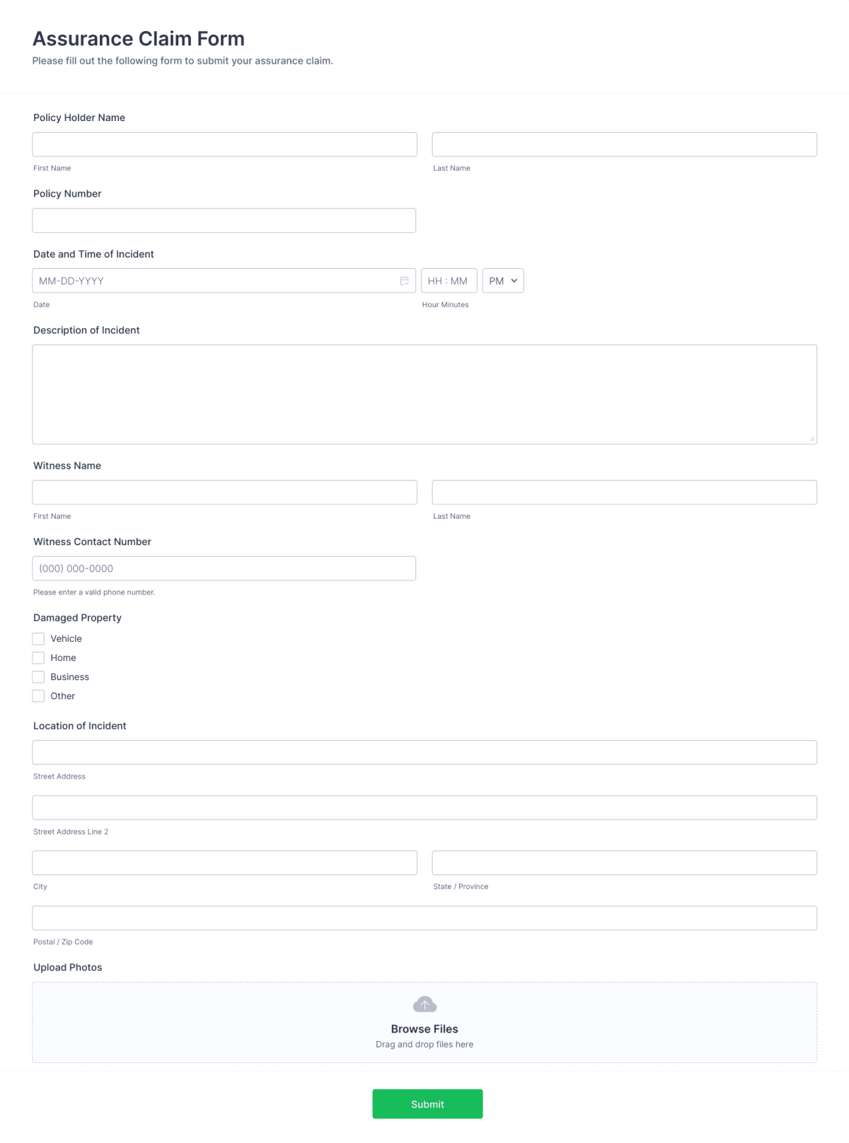 Assurance Claim Form Template | Jotform