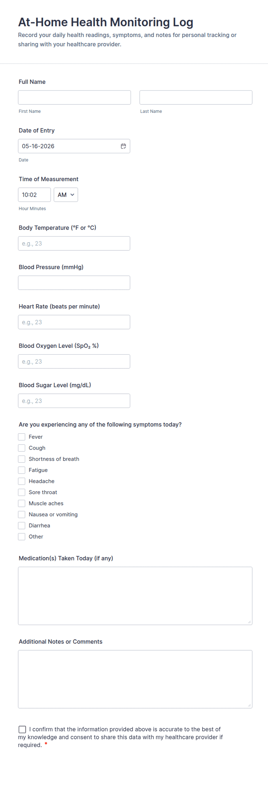 At-Home Health Monitoring Log Form Template | Jotform