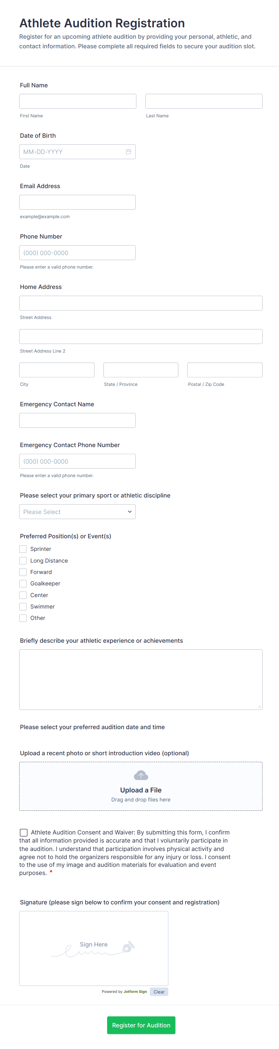 Athlete Audition Registration Form Template | Jotform