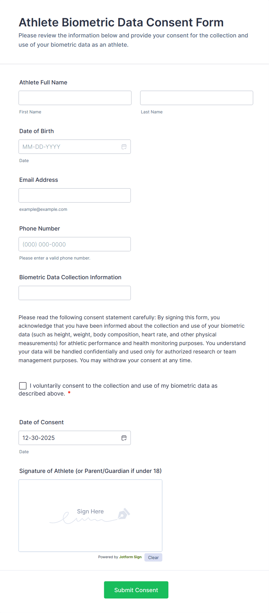 Athlete Biometric Data Consent Form Template | Jotform