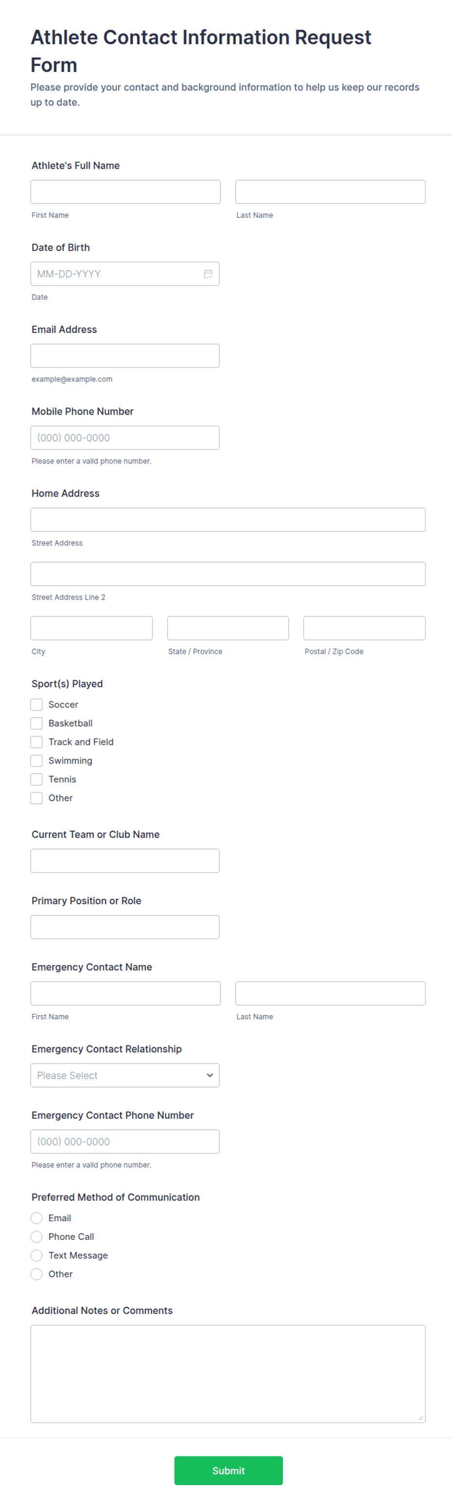 Athlete Contact Information Request Form Template | Jotform