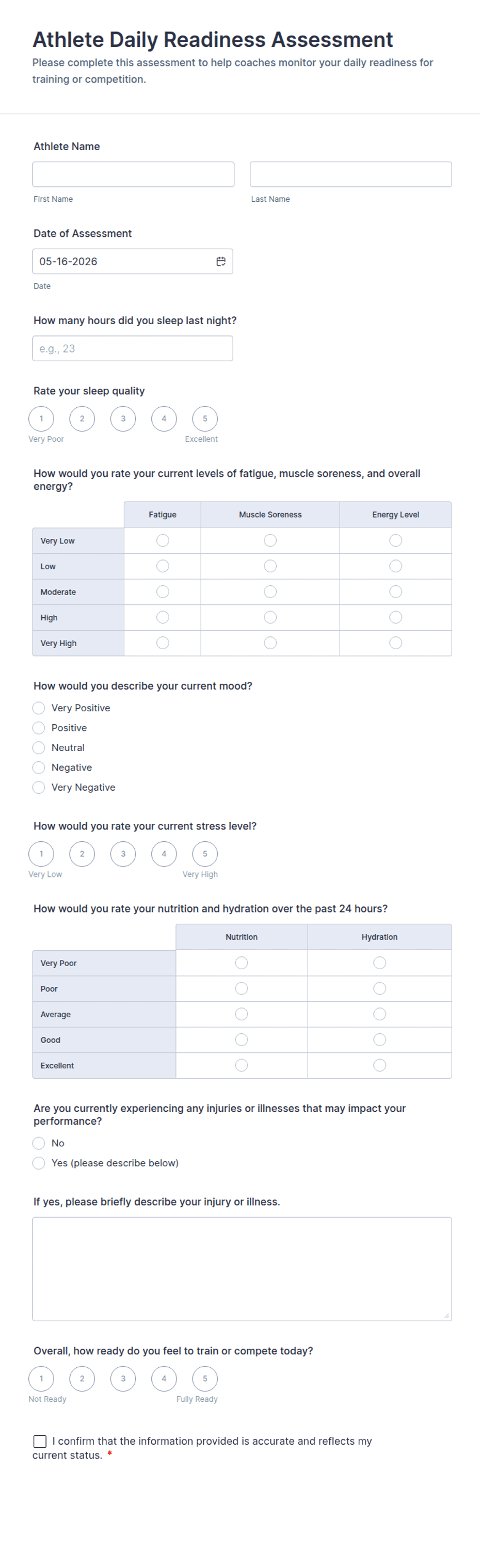 Athlete Daily Readiness Assessment Form Template | Jotform