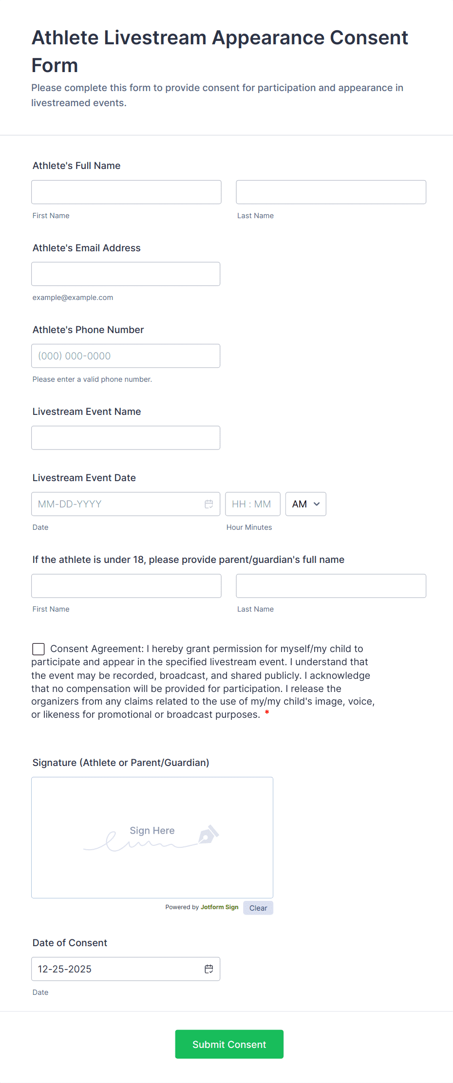 Athlete Livestream Appearance Consent Form Template | Jotform