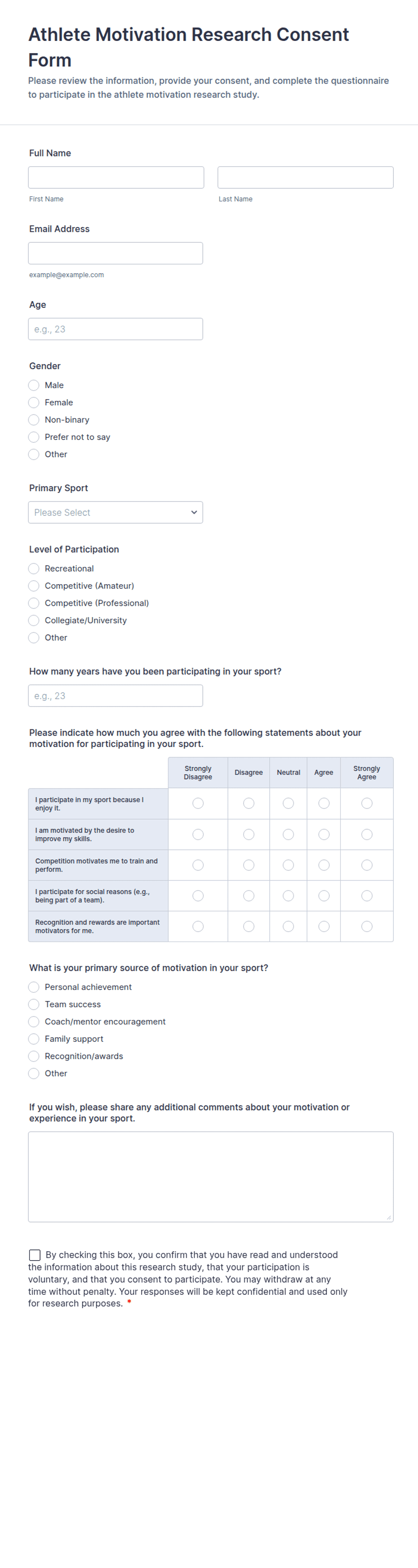 Athlete Motivation Research Consent Form Template | Jotform