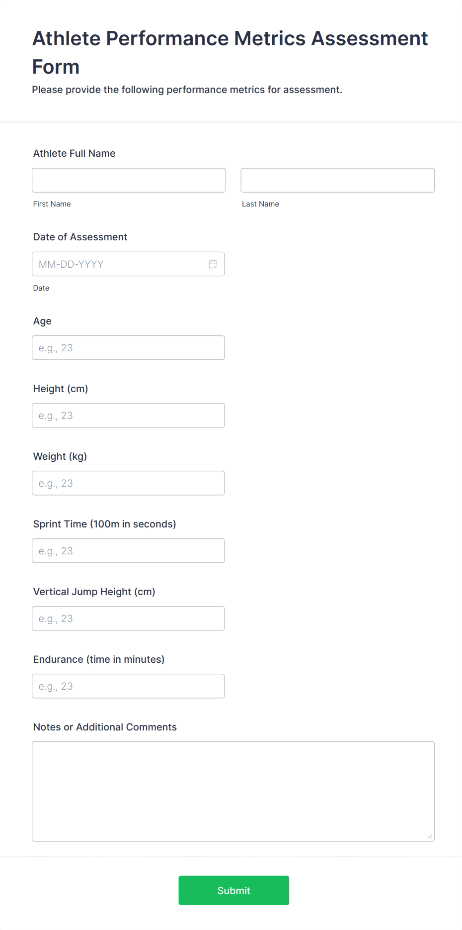 Athlete Performance Metrics Assessment Form Template | Jotform