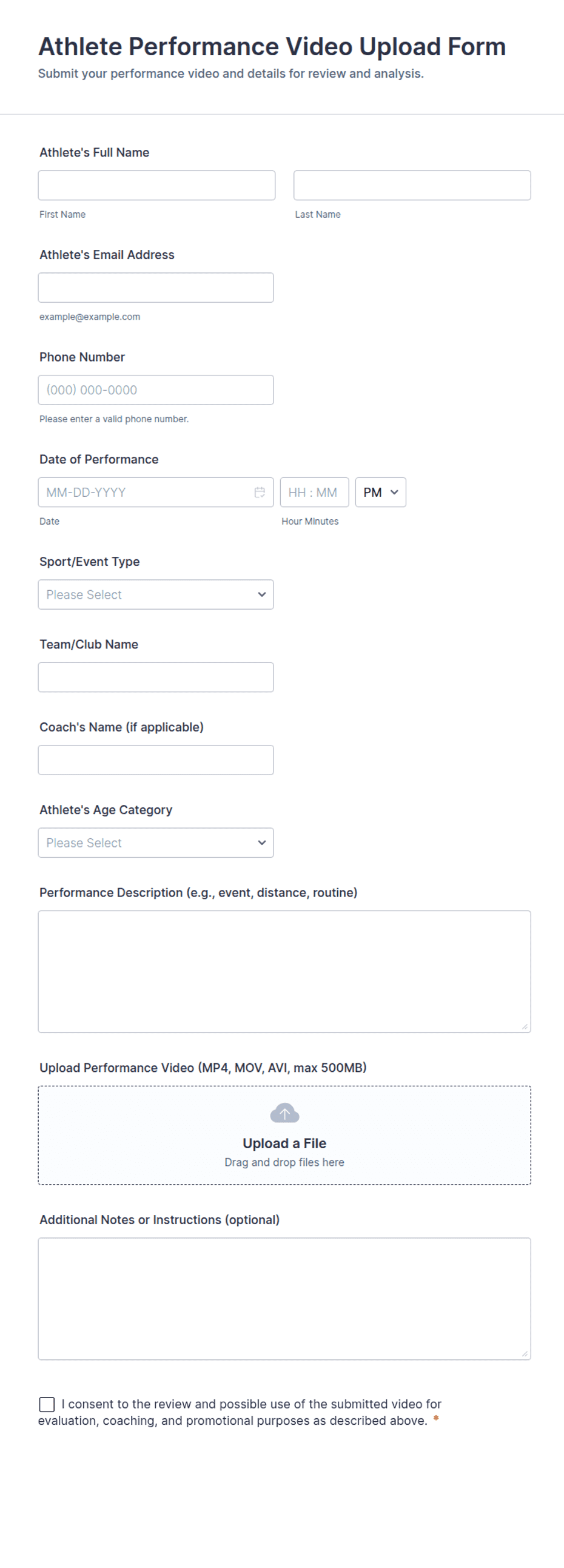 Athlete Performance Video Upload Form Template | Jotform