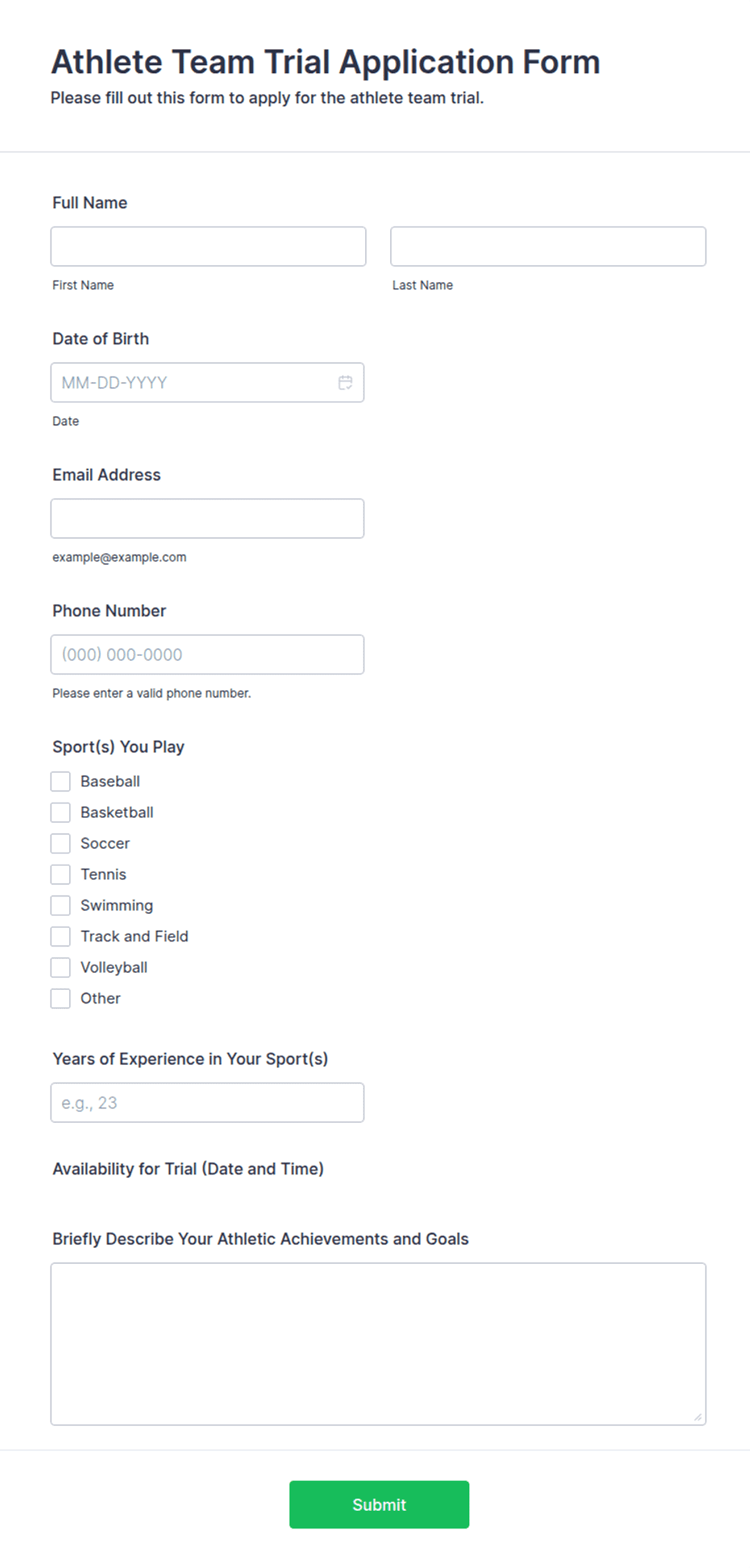 Athlete Team Trial Application Form Template | Jotform