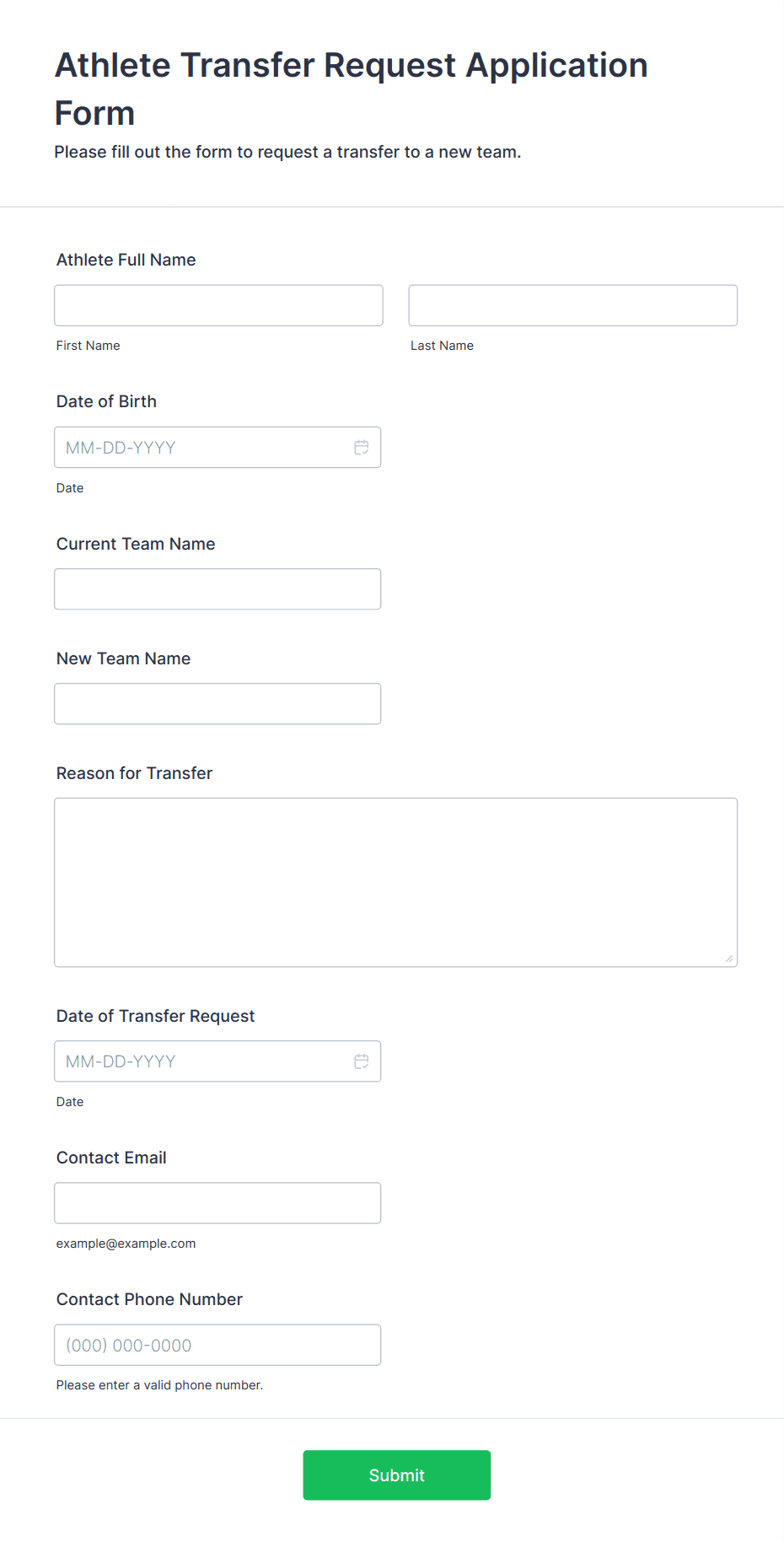 Athlete Transfer Request Application Form Template | Jotform