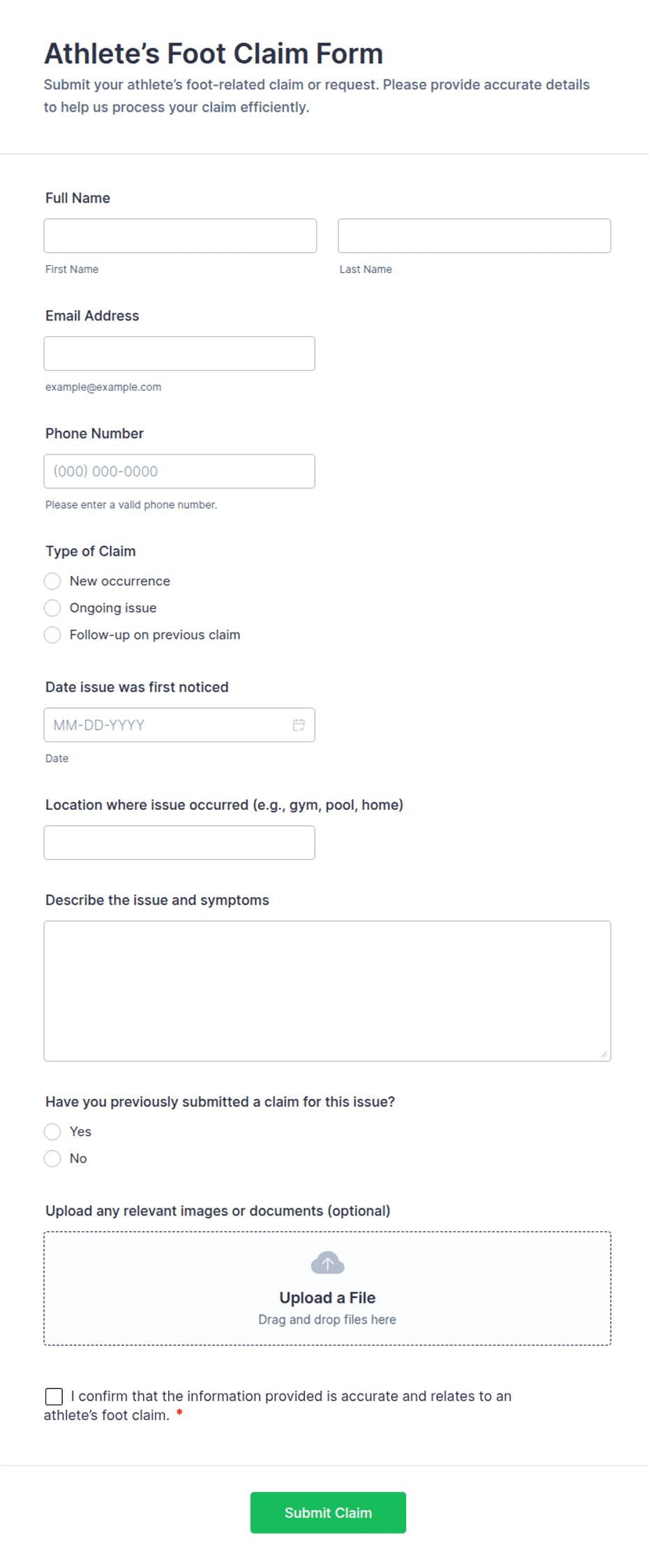 Athlete’s Foot Claim Form Template | Jotform