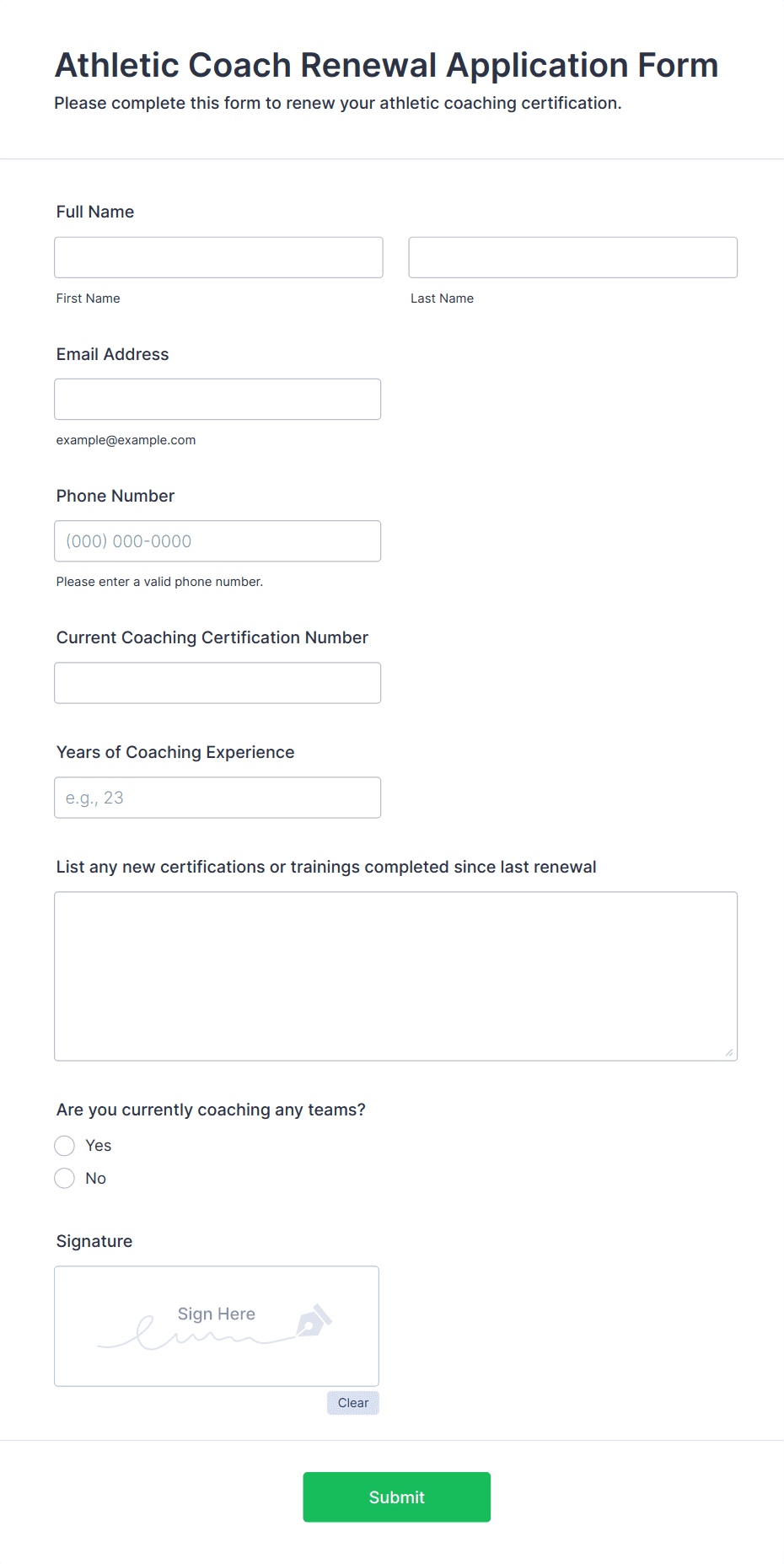 Athletic Coach Renewal Application Form Template | Jotform