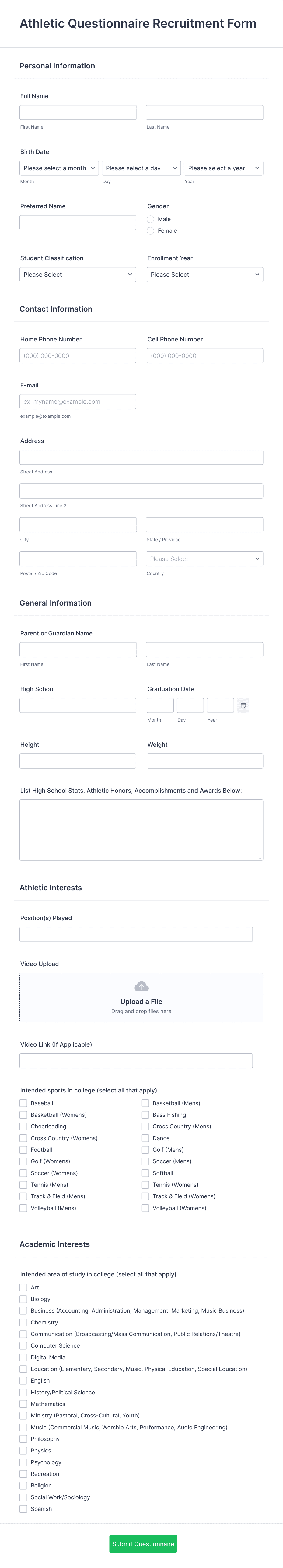 Athletic Questionnaire Recruitment Form Template | Jotform