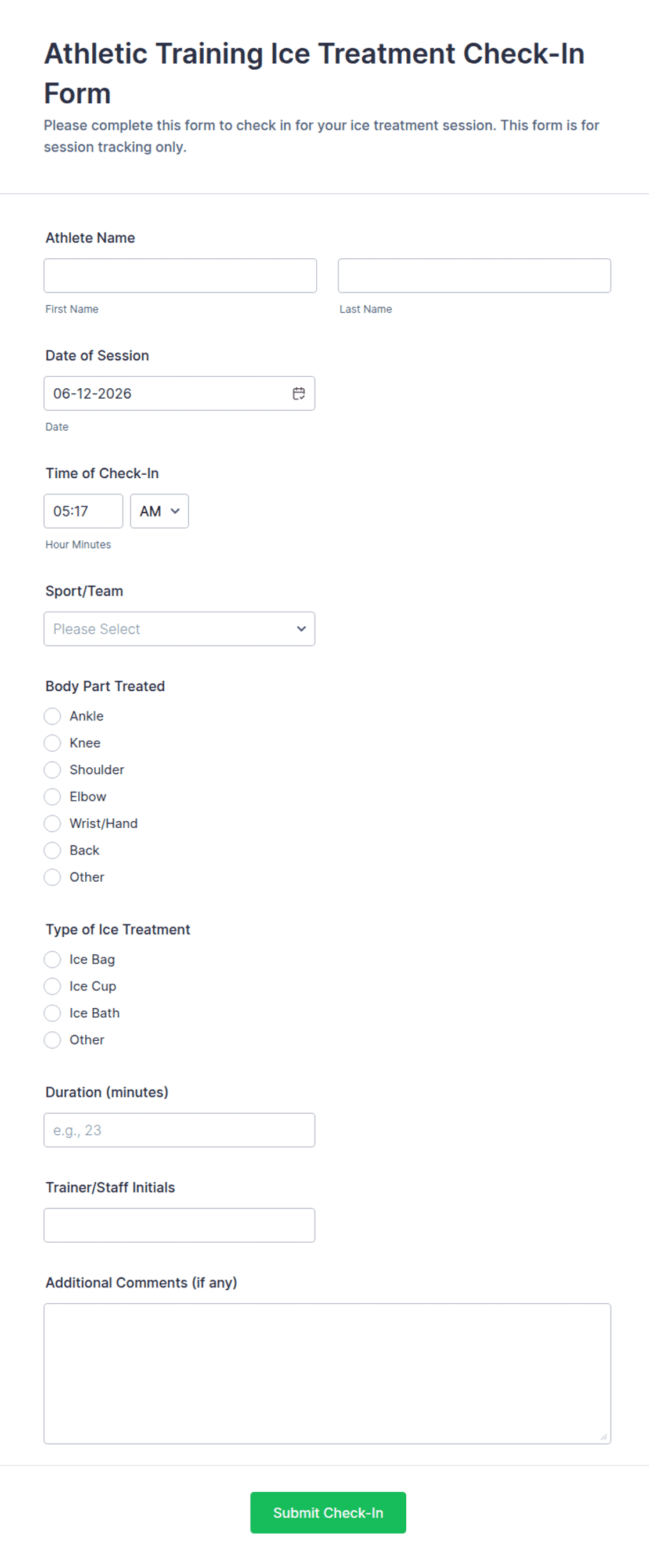 Athletic Training Ice Treatment Check-In Form Template | Jotform