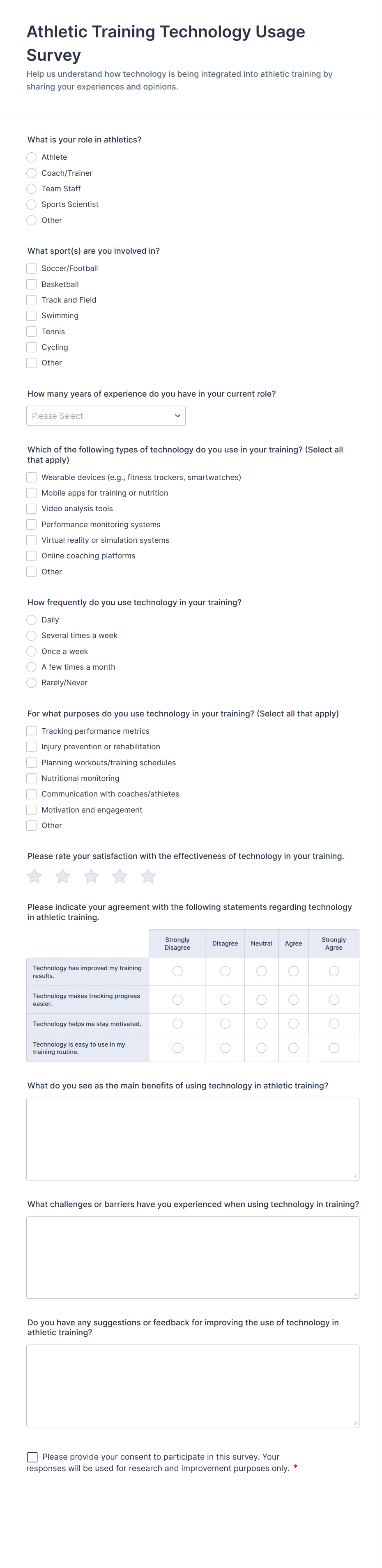 Athletic Training Technology Usage Survey Form Template | Jotform