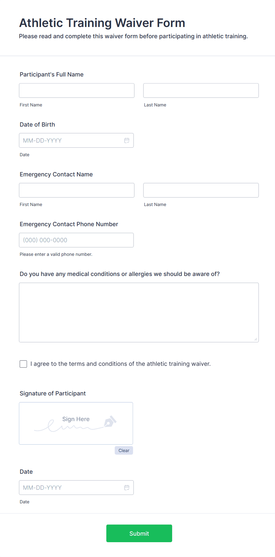 Athletic Training Waiver Form Template | Jotform
