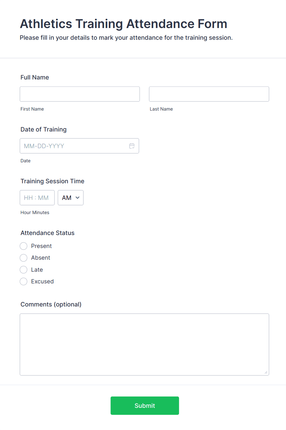 Athletics Training Attendance Form Template | Jotform