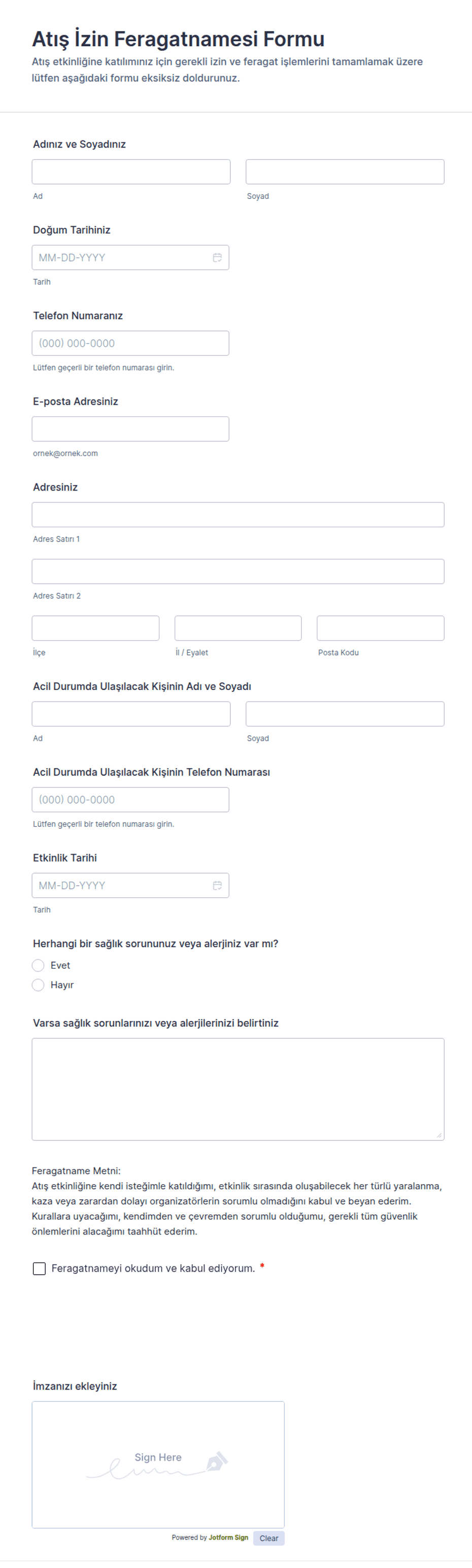 Atış İzin Feragatnamesi Form Şablonu | Jotform