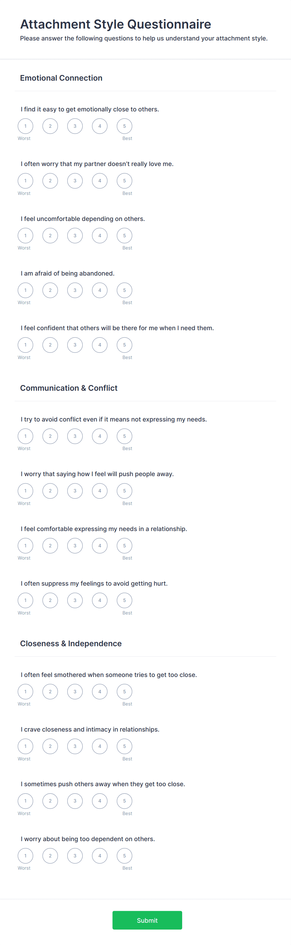 Attachment Style Questionnaire Form Template | Jotform