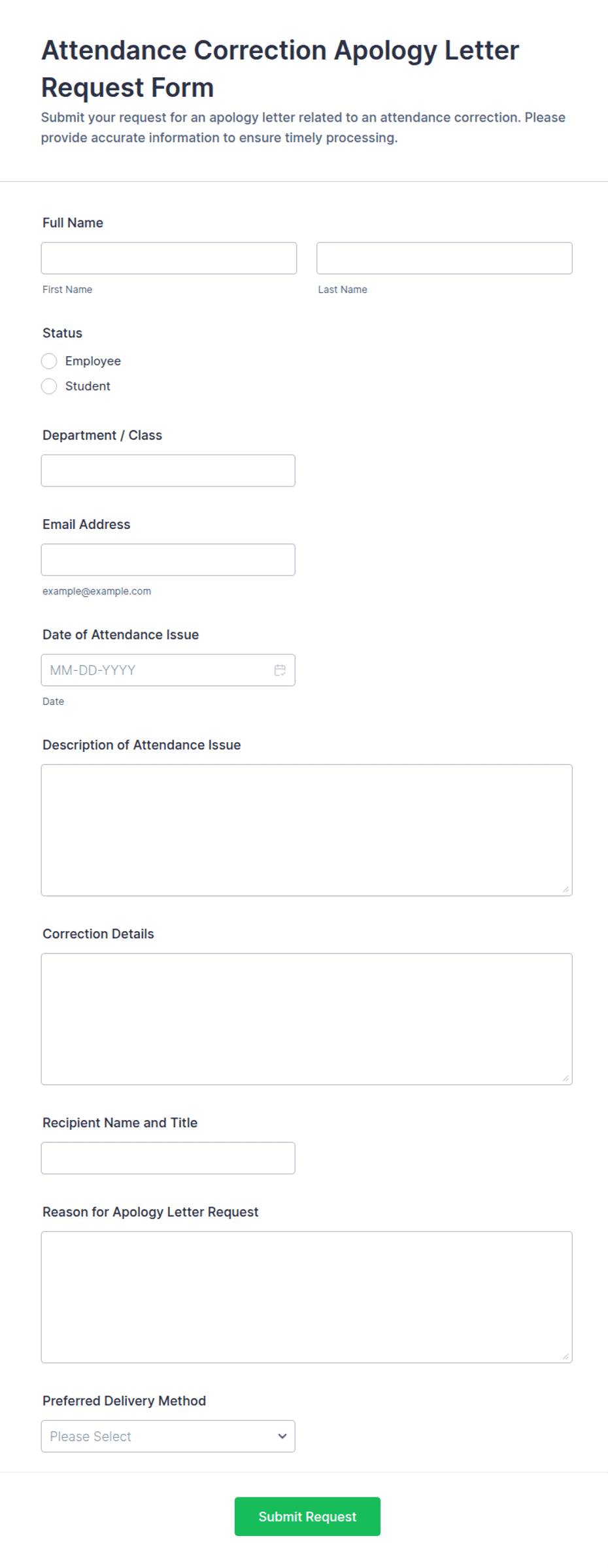 Attendance Correction Apology Letter Request Form Template | Jotform
